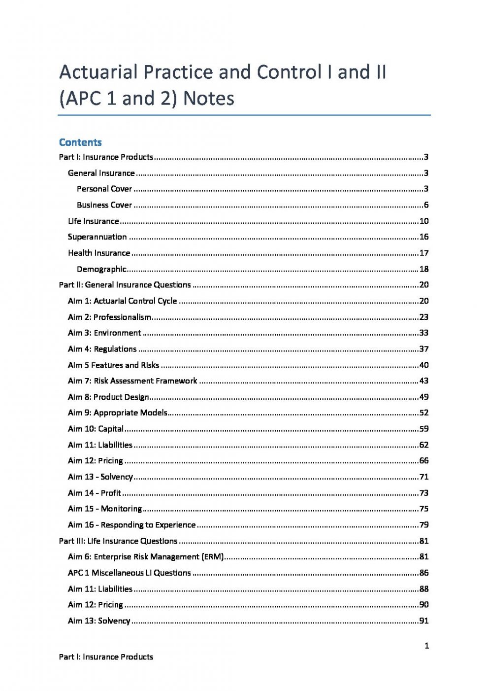 Notes for Actuarial Practice and Control II (ACTL40007) at University ...