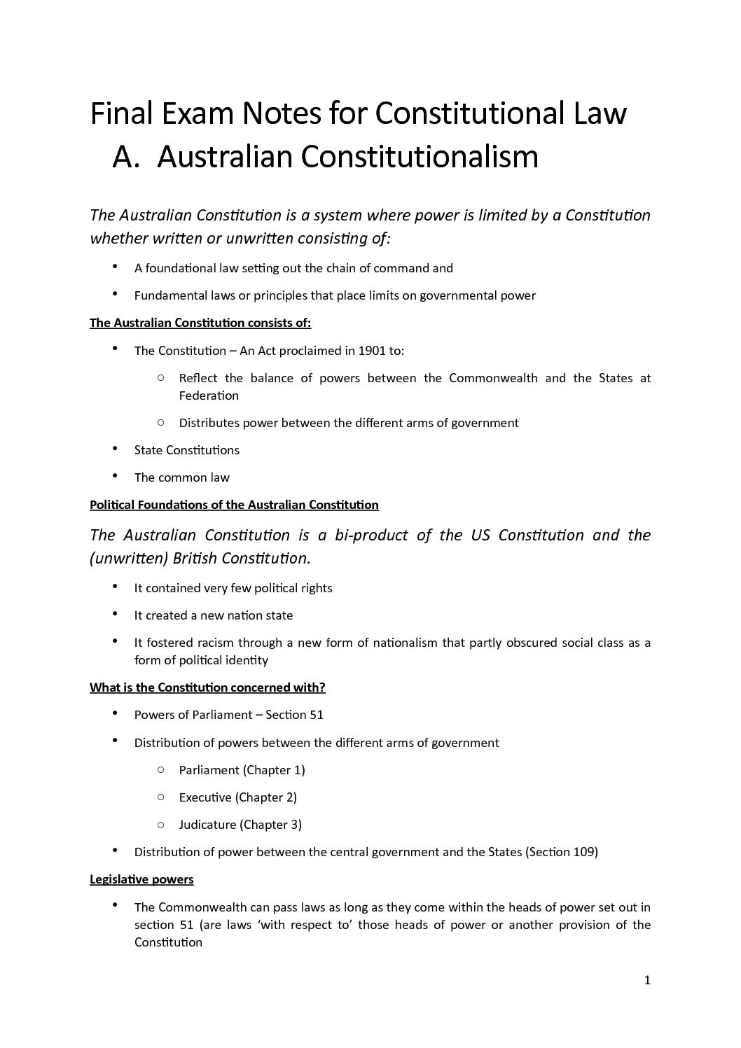 Notes for Australian Constitutional Law (70616) at University of ...