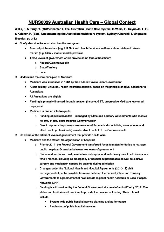 Australian Health Care – Global Context (NURS6029) summary notes ...