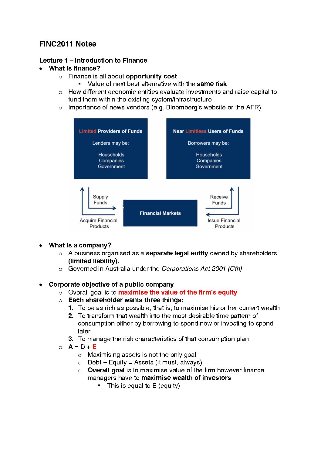 Notes for Corporate Finance I (FINC2011) at University of Sydney (USYD ...