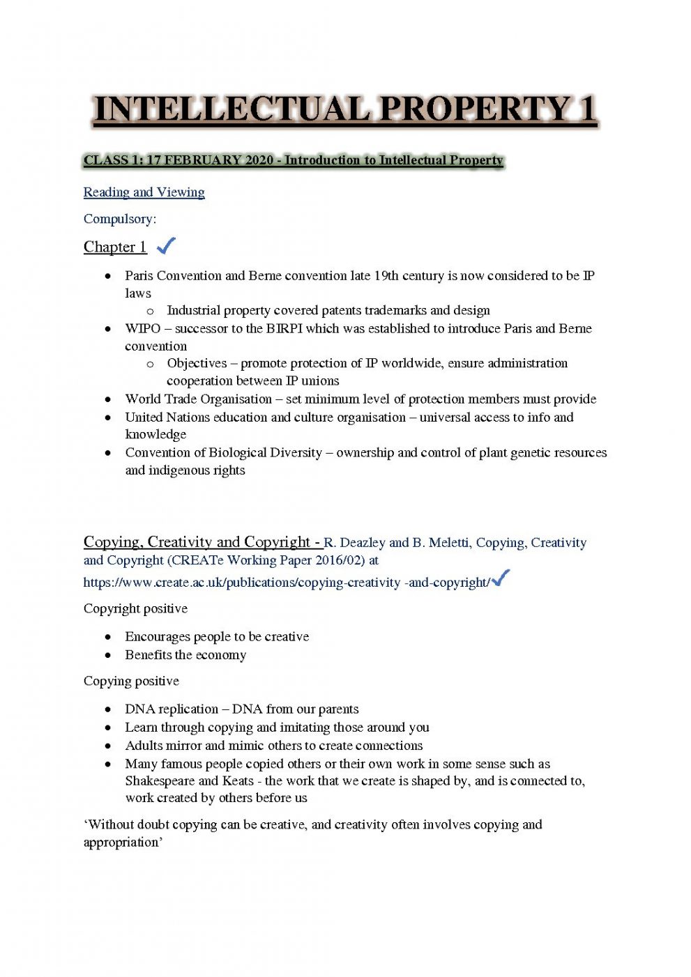 Notes for Intellectual Property 1: Copyright and Designs (LAWS3046) at ...