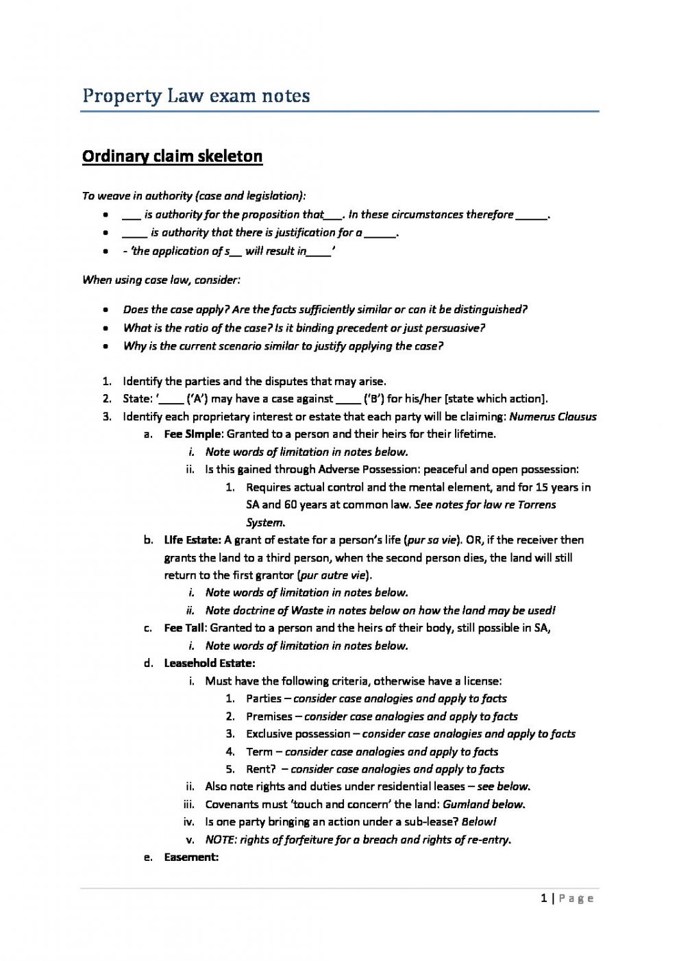 Notes for Property Law (LAW 1506) at University of Adelaide | StudyLast