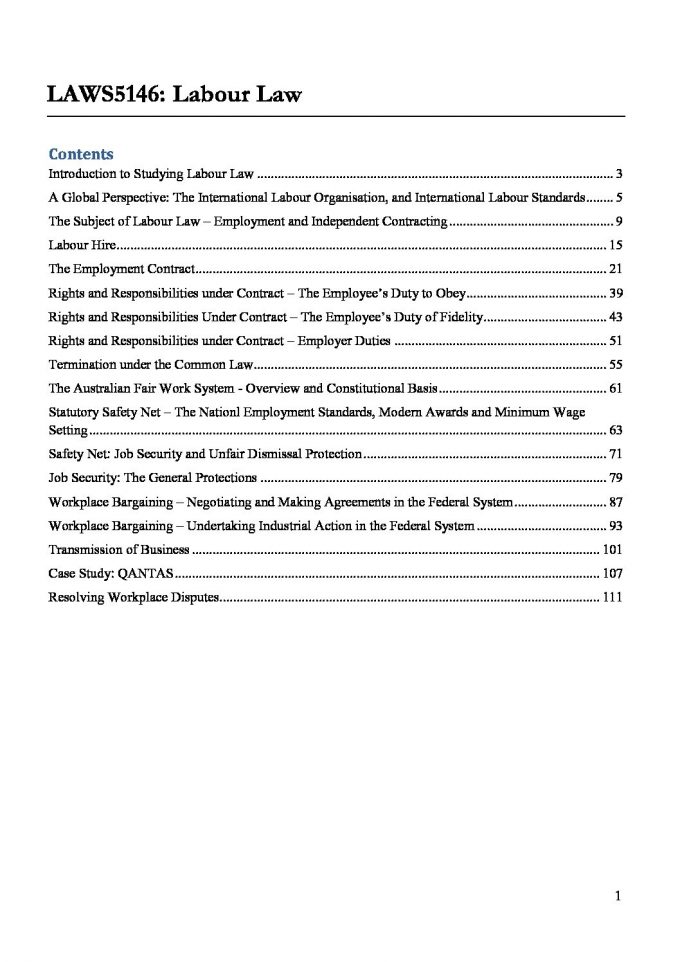 Labour Law (LAWS3446 & LAWS5146) Comprehensive Summary Notes | StudyLast