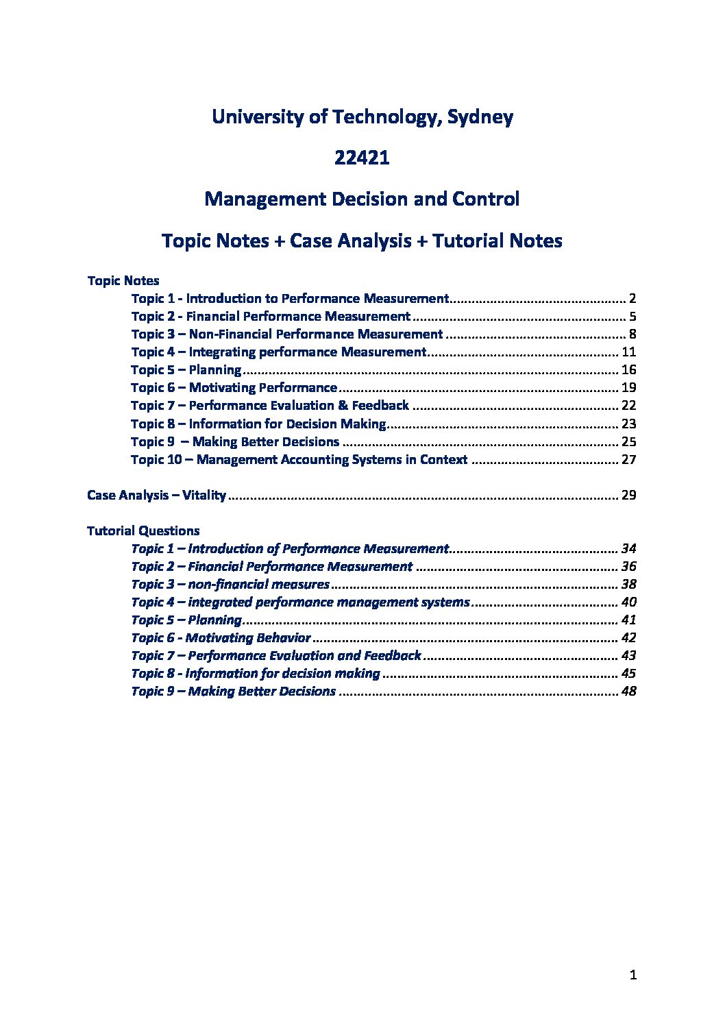 Notes for Management Decisions and Control (22421) at University of ...