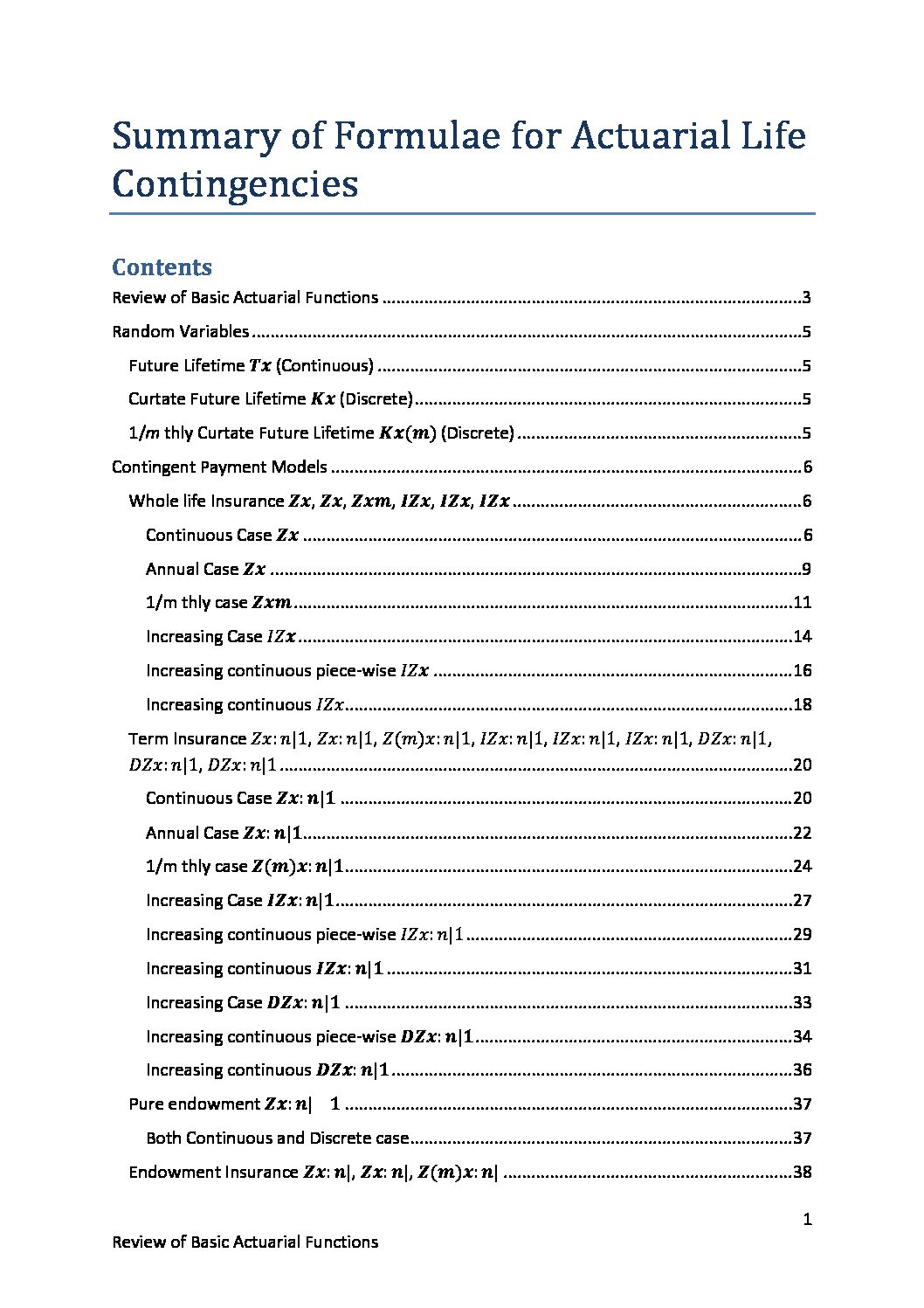 Summary of formulae of Contingencies & Life Contingencies (ACTL30003 ...