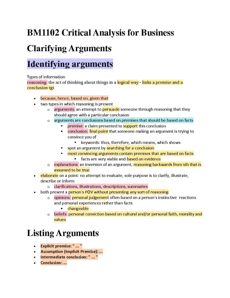 Notes for Critical Analysis for Business (BM1102) at City, University ...