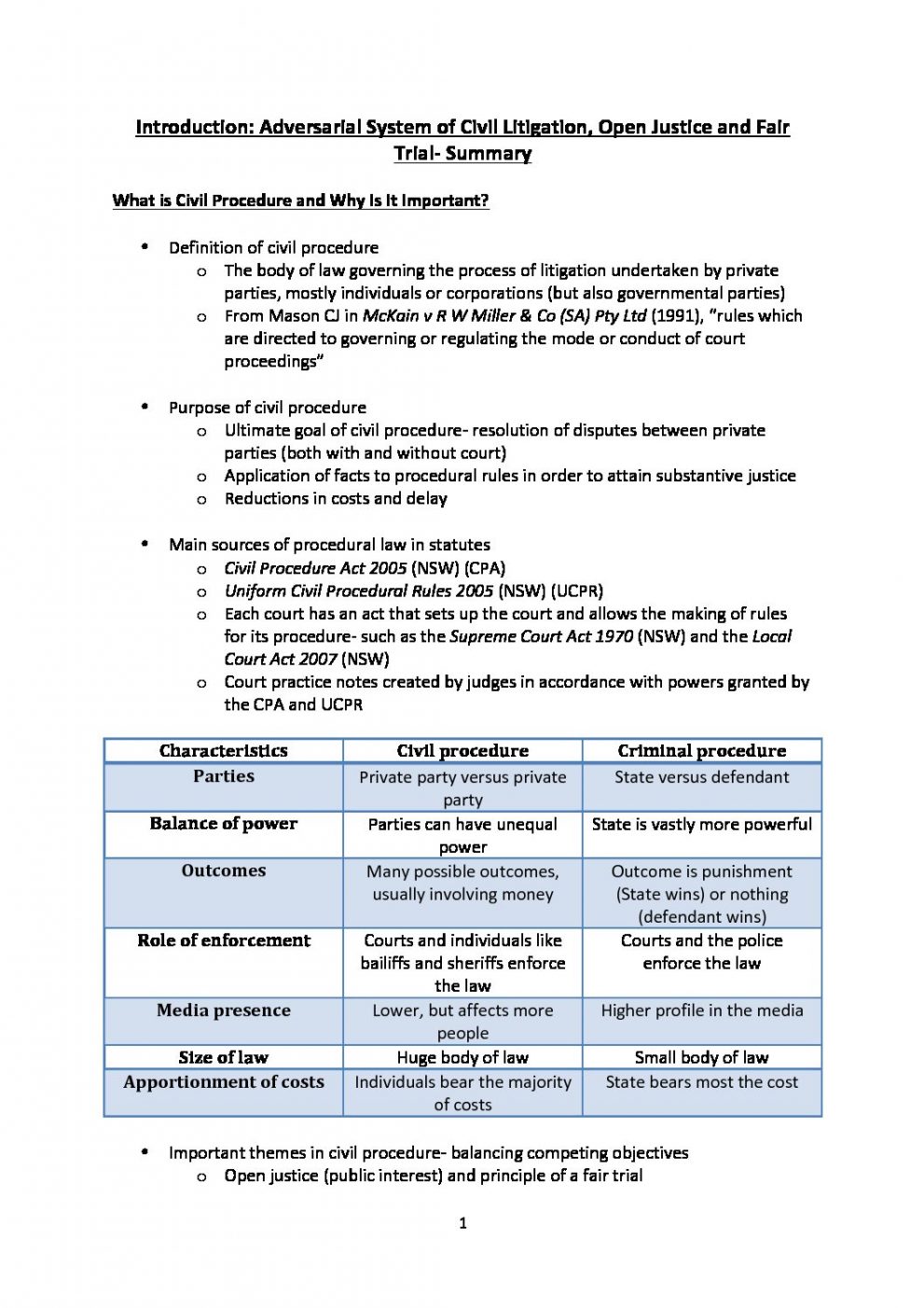Notes for Civil and Criminal Procedure (LAWS1014) at University of ...