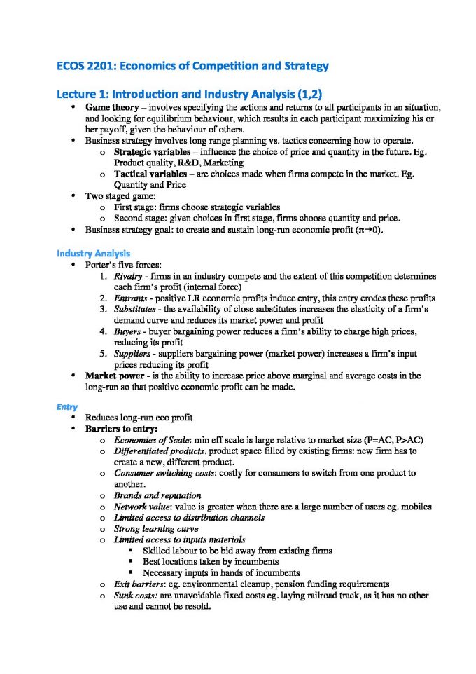 Notes for Economics of Competition and Strategy (ECOS2201) at ...