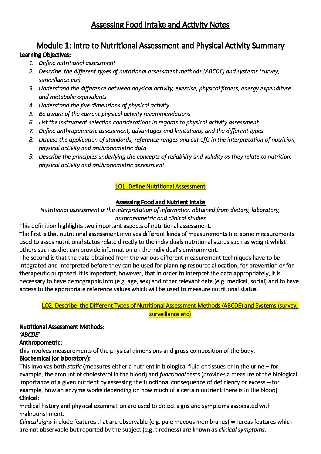 Notes for Assessing Food Intake and Activity (HSN305) at Deakin ...