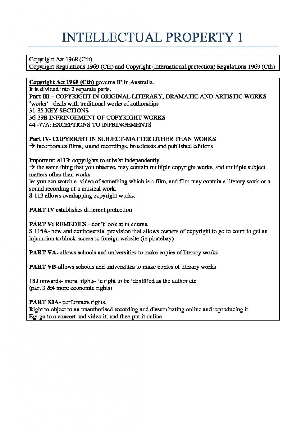 Notes for Intellectual Property 1: Copyright and Designs (LAWS3046) at ...