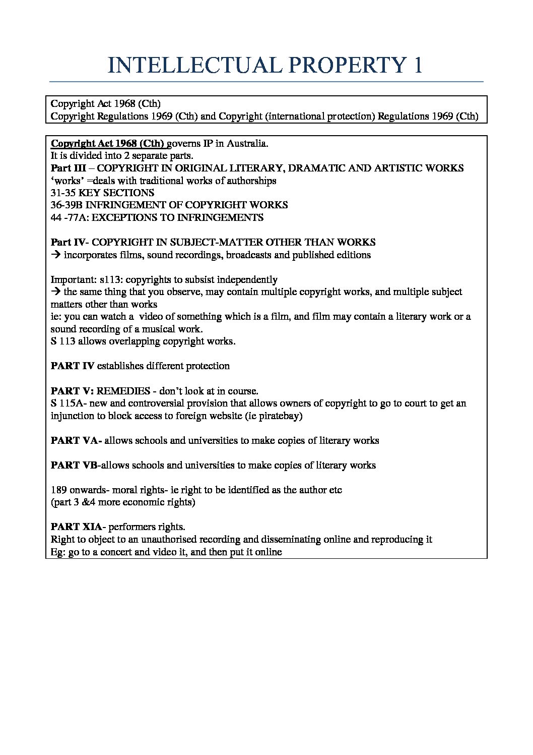 Notes for Intellectual Property 1: Copyright and Designs (LAWS3046) at ...