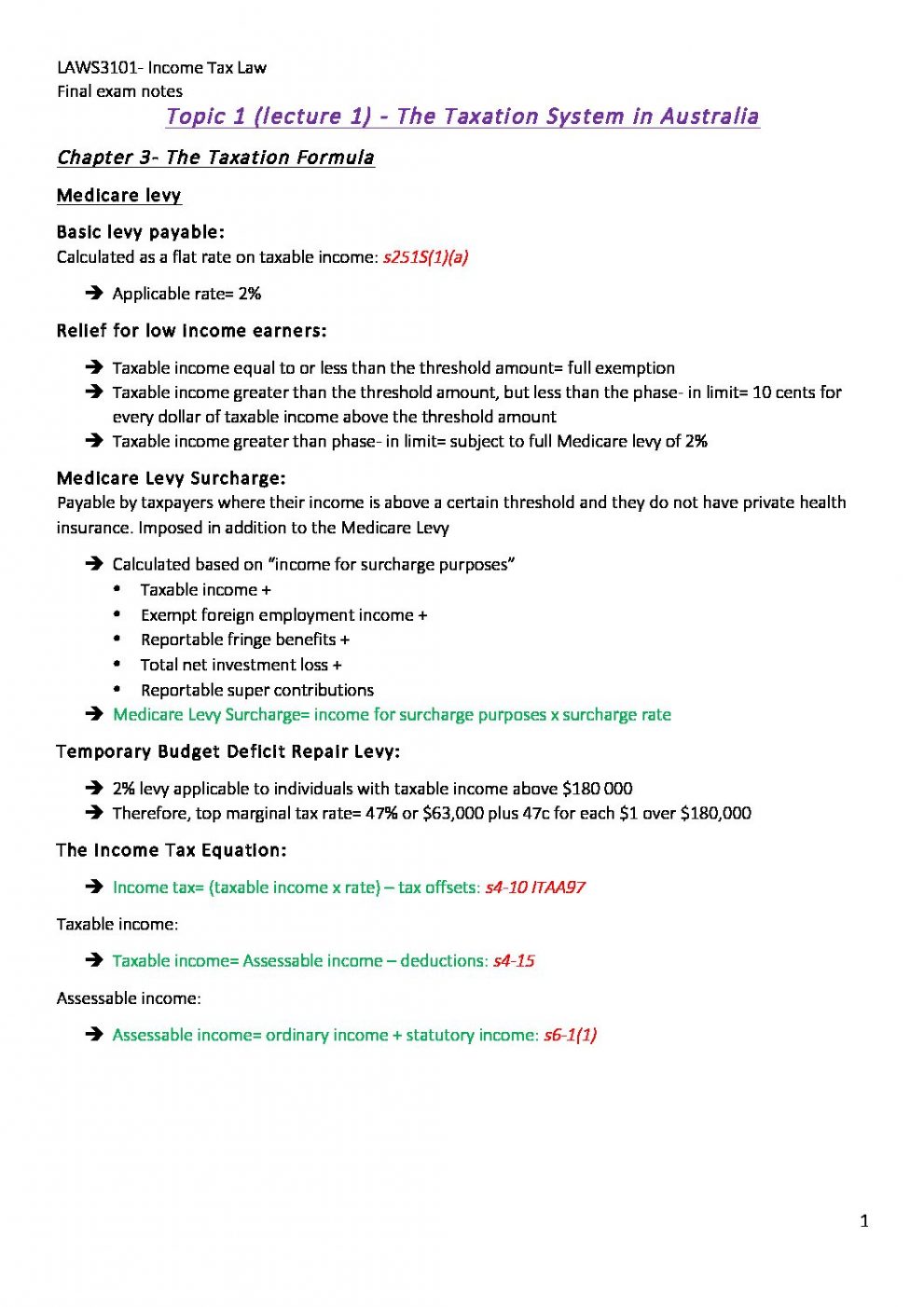 Notes for Income Tax Law (LAWS3101) at University of Queensland (UQ ...