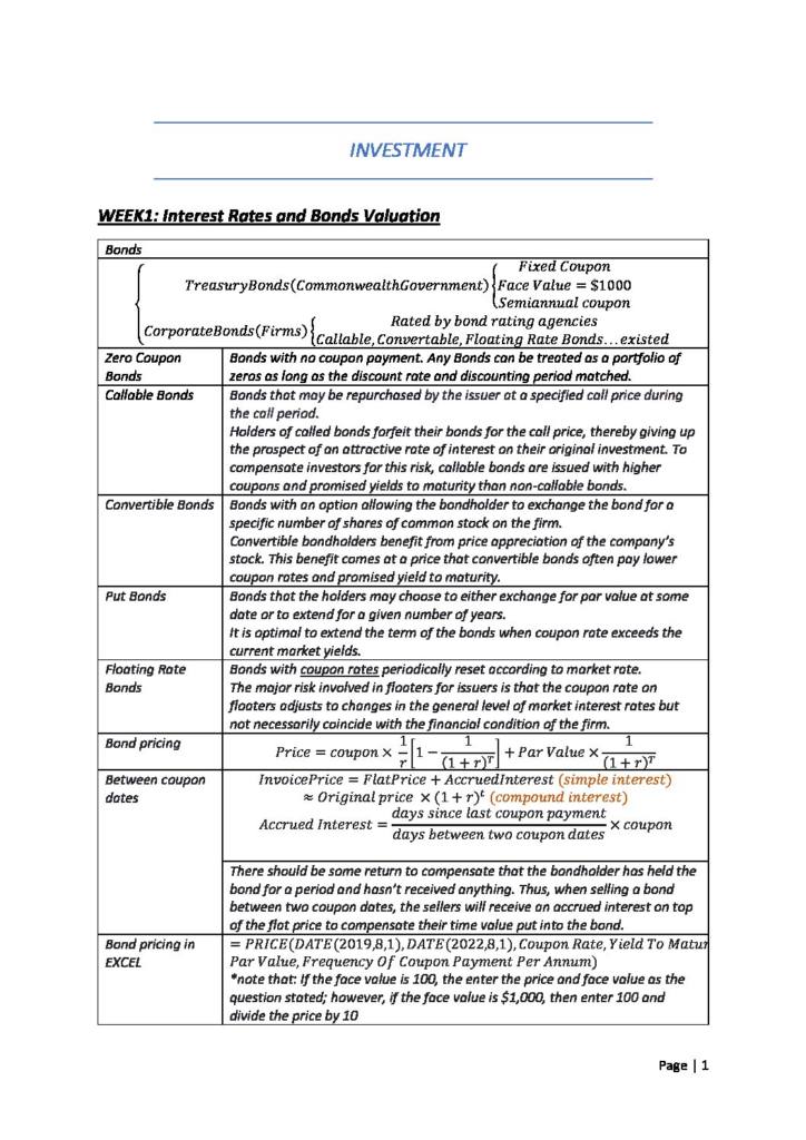 Notes for Investments (FNCE30001) at University of Melbourne | StudyLast