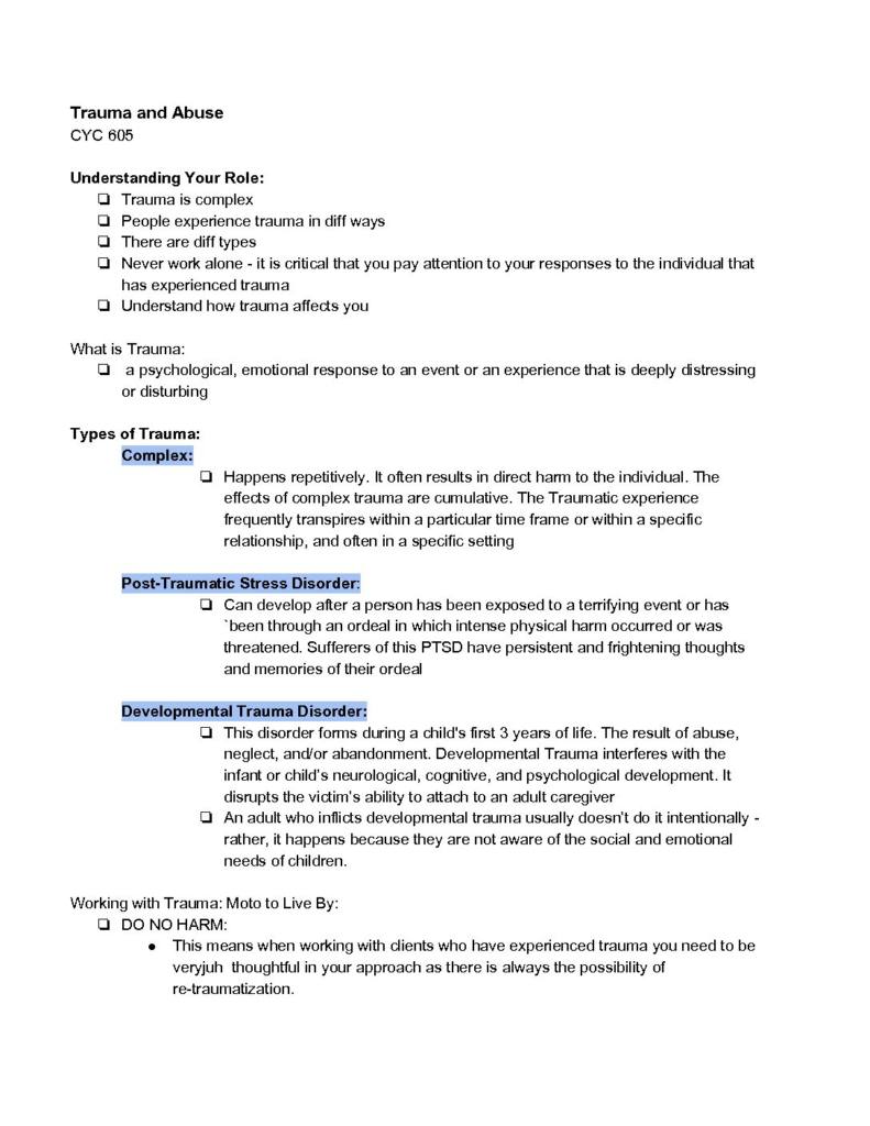 Notes for Child Trauma and Abuse (CYW605) at Seneca College | StudyLast