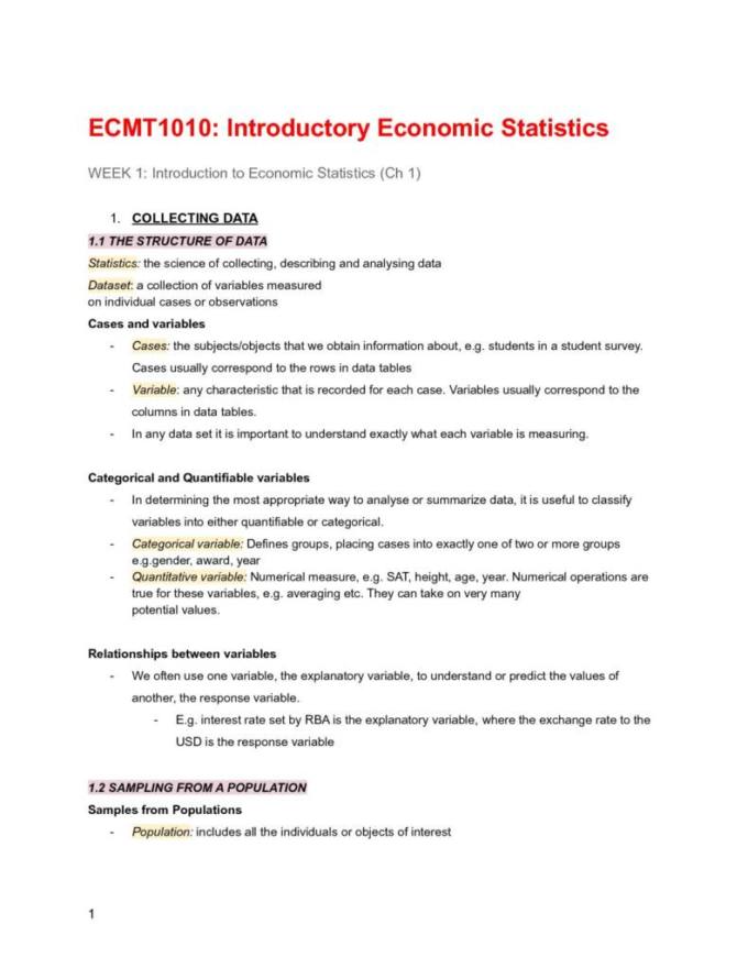 Notes for Introduction to Economic Statistics (ECMT1010) at University ...