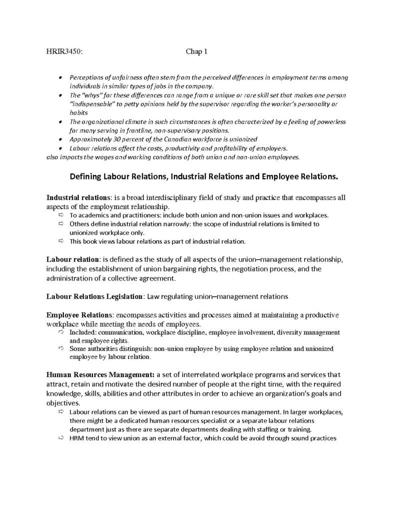Notes for Labour And Employment Relations (HRIR 3450) at University of ...
