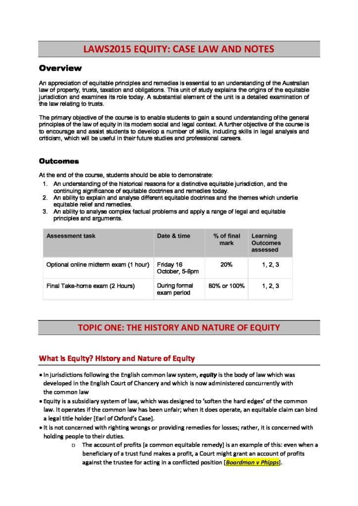Notes for Equity (LAWS2015) at University of Sydney (USYD) | StudyLast