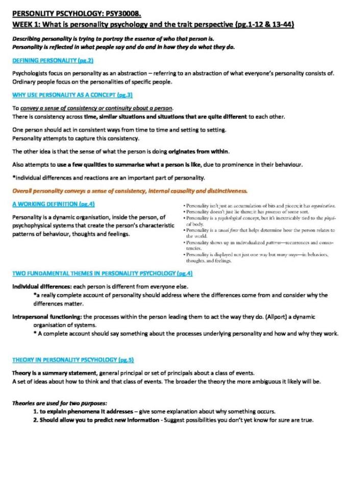 Psychology of Personality (PSY30008) midterm & final exam notes | StudyLast