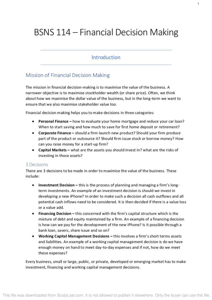 Notes for Financial Decision Making (BSNS114) at University of Otago ...