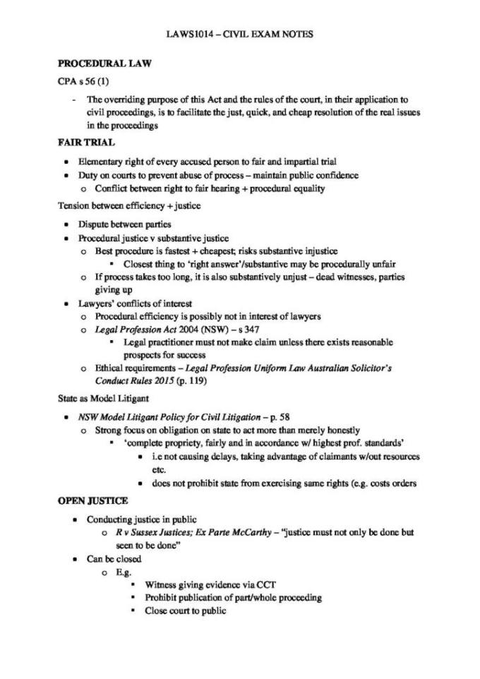 Notes for Civil and Criminal Procedure (LAWS1014) at University of ...