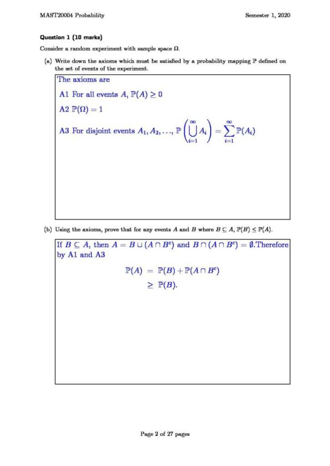 Probability (MAST20004) 2020 Semester 1 exam paper with answers | StudyLast