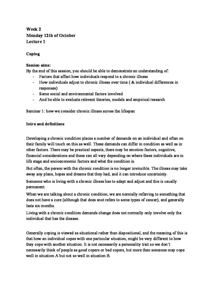 Notes for The Psychology of Chronic Illness (PSYC3077) at De Montfort ...