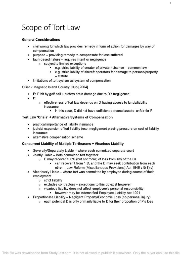 Torts (LAWS1012) full lecture and case notes | StudyLast