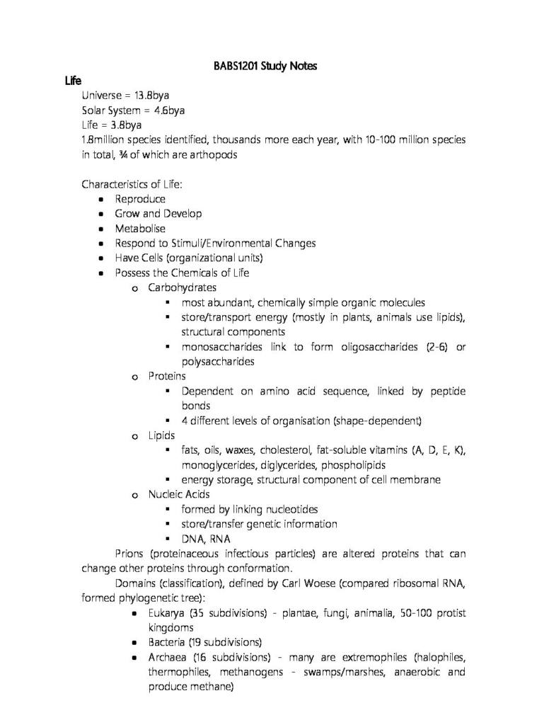 Notes for Molecules, Cells and Genes (BABS1201) at University of New ...