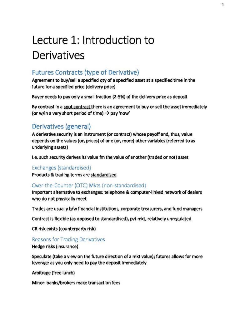 Notes for Derivative Securities (FNCE30007) at University of Melbourne ...
