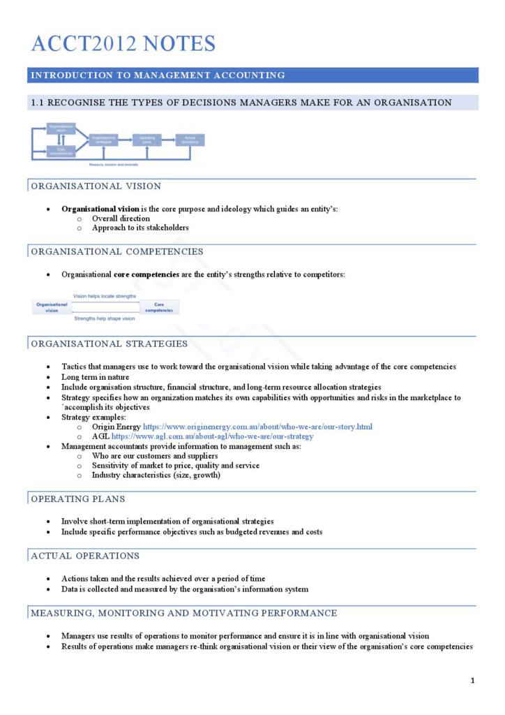 Notes for Management Accounting A (ACCT2012) at University of Sydney ...