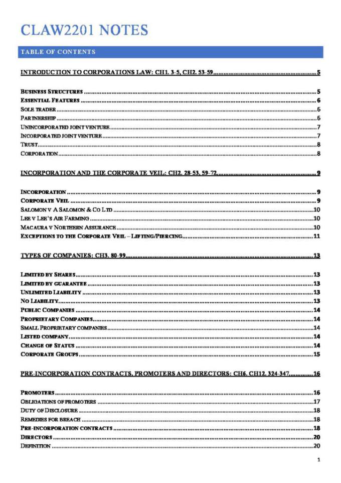 Study Materials for Corporations Law (CLAW2201) at University of Sydney ...