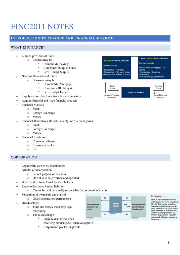 Notes for Corporate Finance I (FINC2011) at University of Sydney (USYD ...