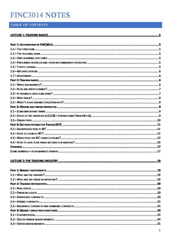 Notes for Trading and Dealing in Security Markets (FINC3014) at ...