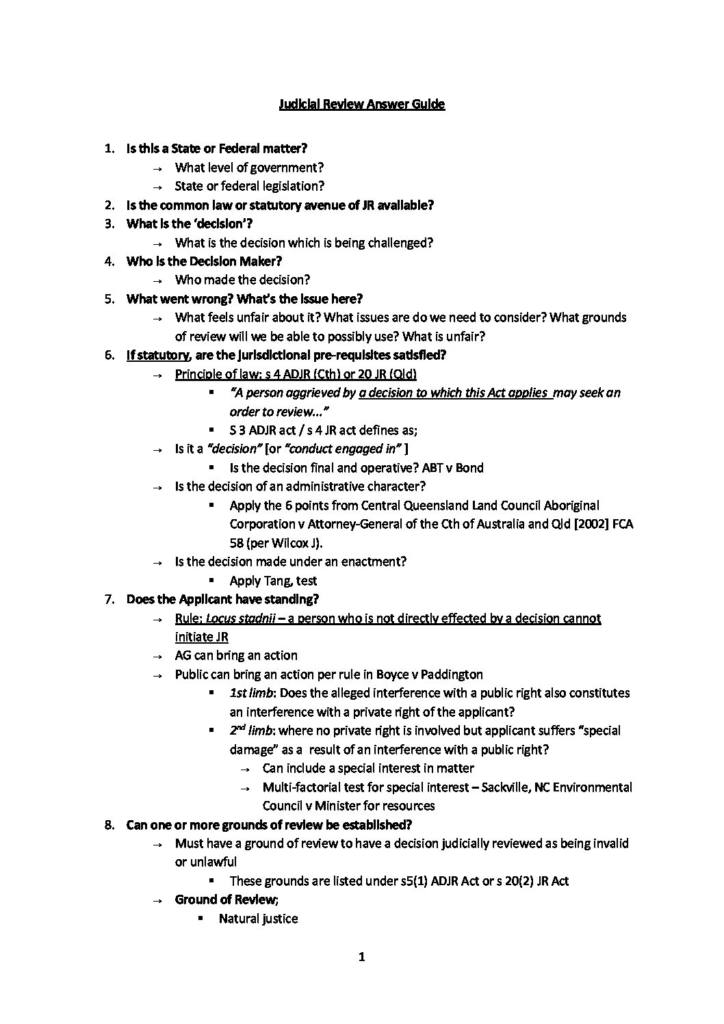 Notes for Administrative Law (LLH206) at Queensland University of ...