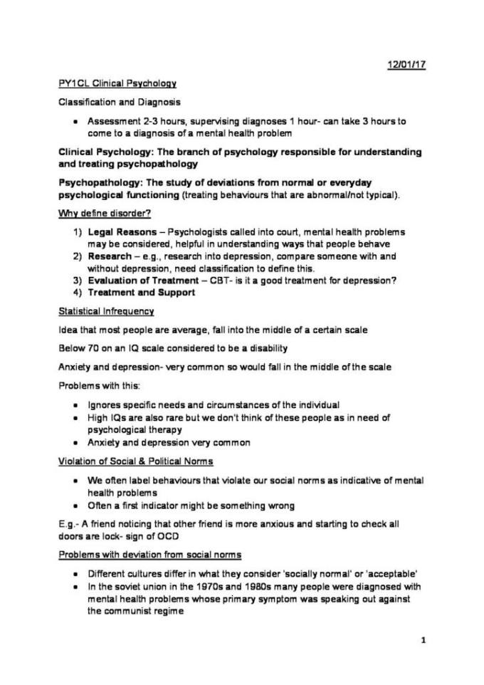 Notes for Clinical Psychology (PY1CL) at University of Reading | StudyLast