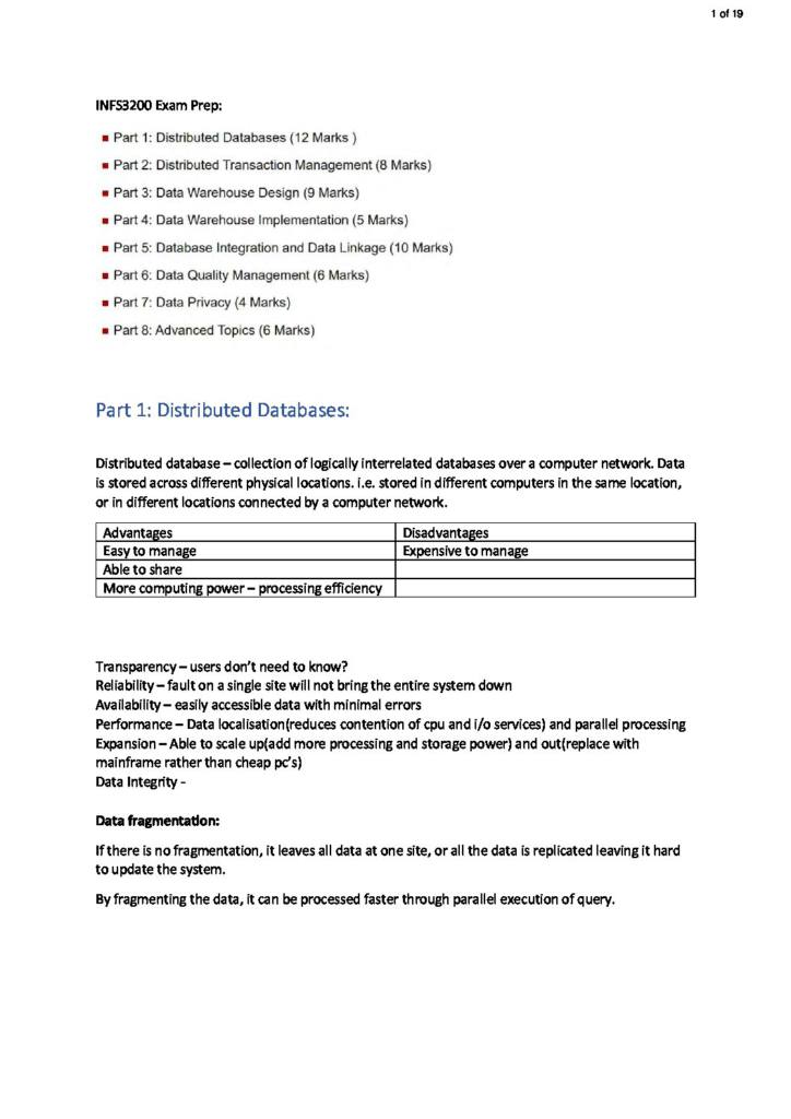 Notes for Advanced Database Systems (INFS3200) at University of ...