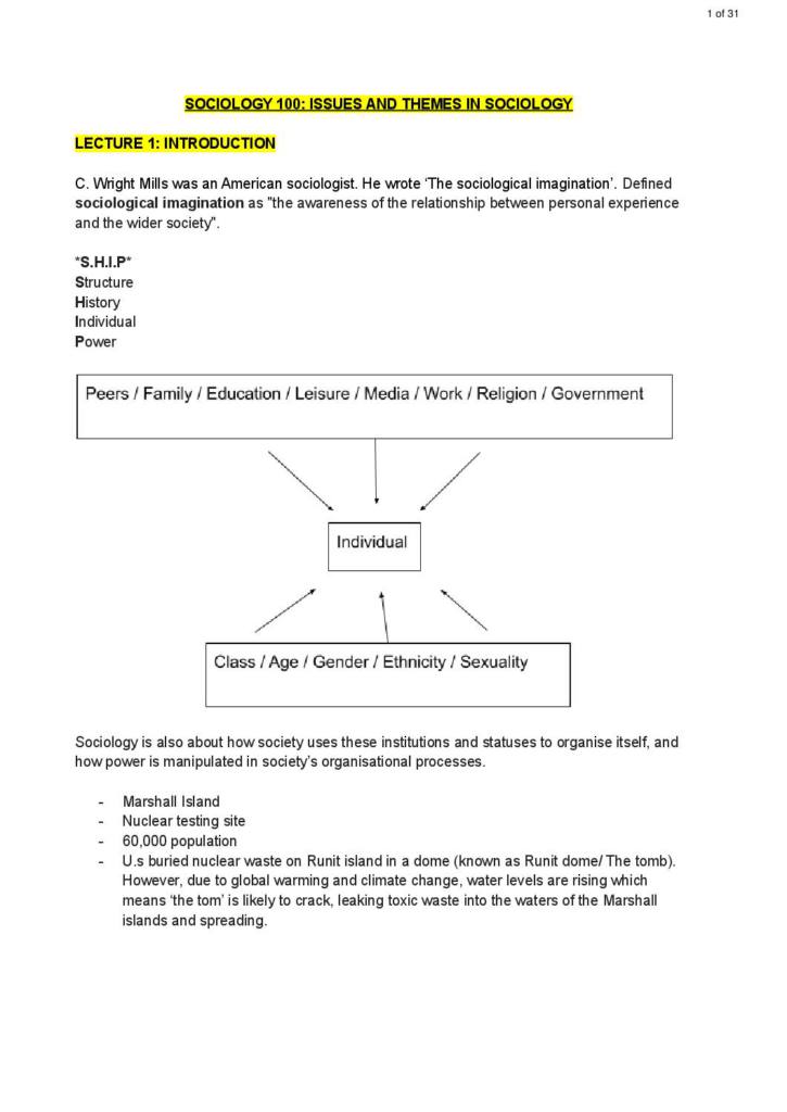 Notes for Issues and Themes in Sociology (SOCIOL 100) at University of ...