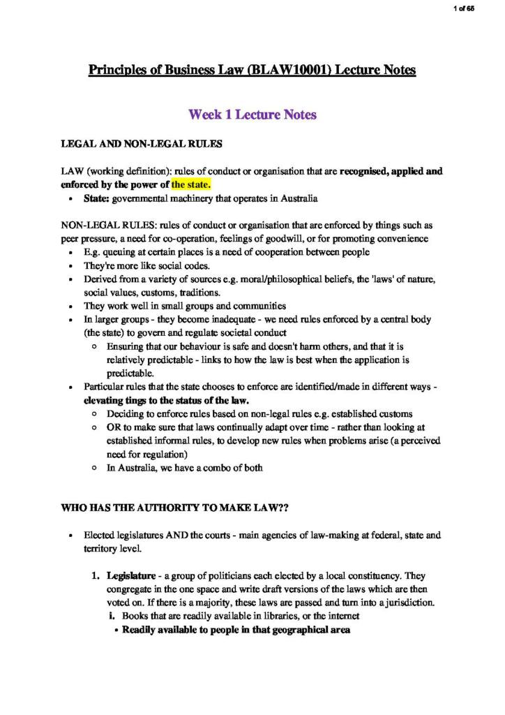 Principles of Business Law (BLAW10001) lecture notes + case summaries ...