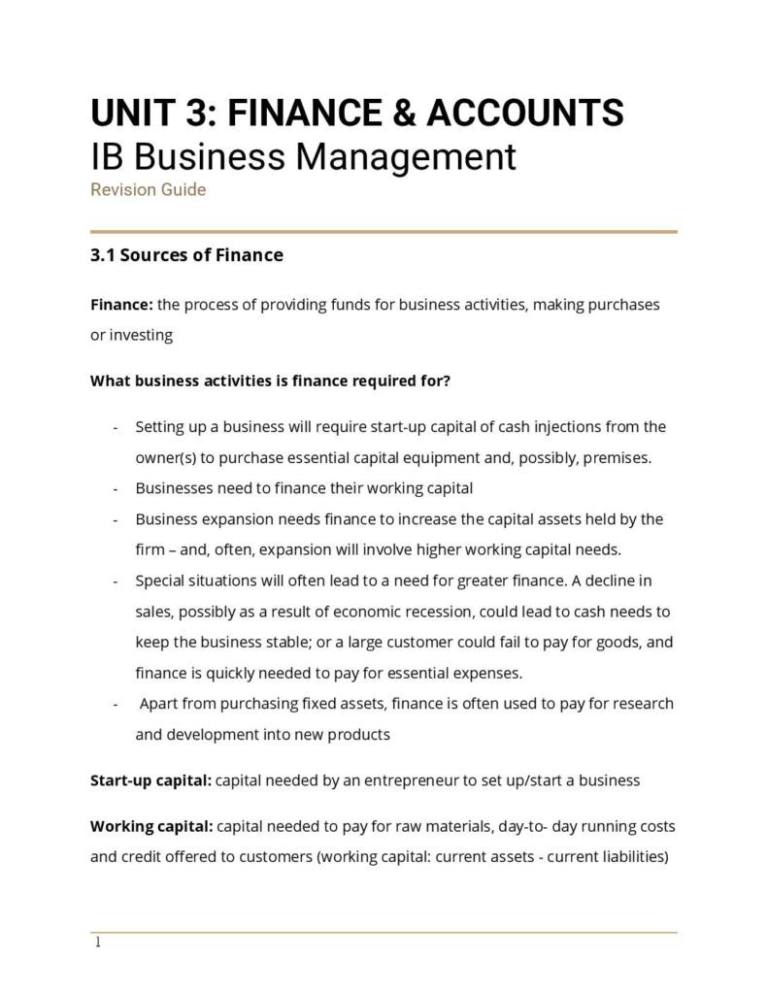 IB BM Unit 3: Finance and Accounts revision notes | StudyLast