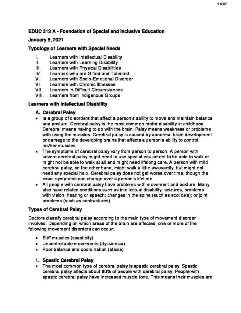 Notes for Foundation of Special and Inclusive Education (EDUC 313 A) at ...