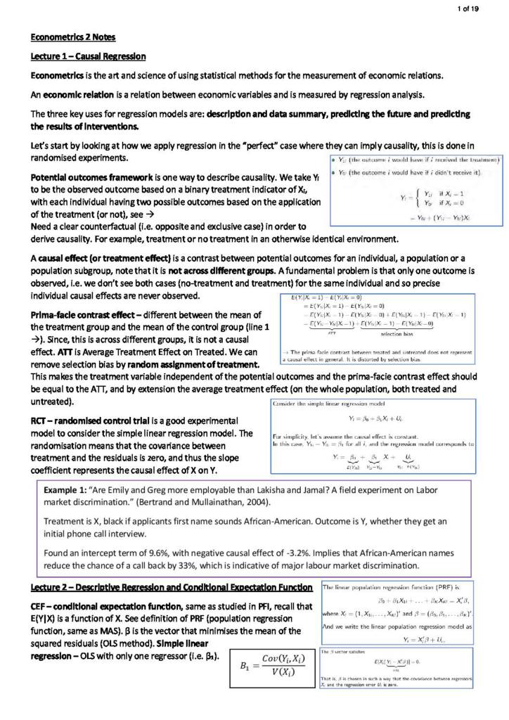 Notes for Econometrics 2 (ECOM30002) at University of Melbourne | StudyLast