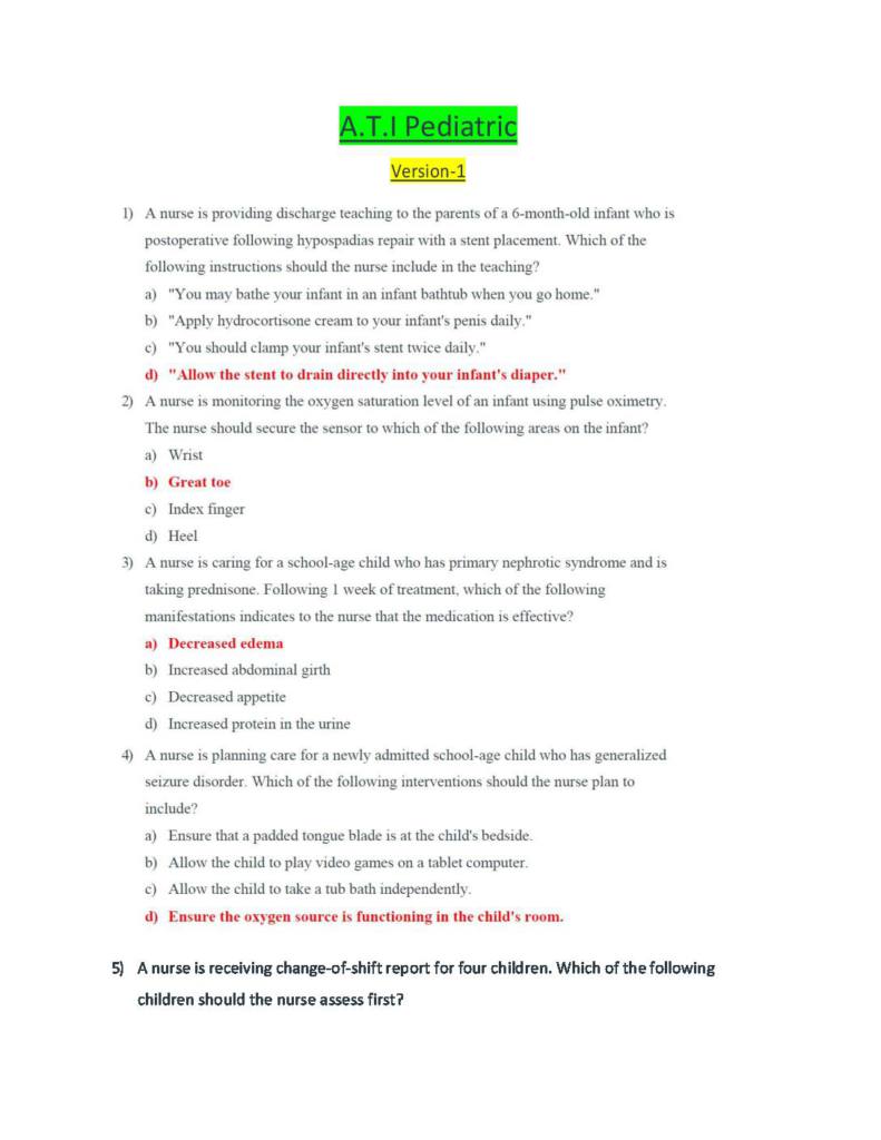 ATI RN Pediatrics Proctored Exam (26 Versions) 2000+ questions and ...