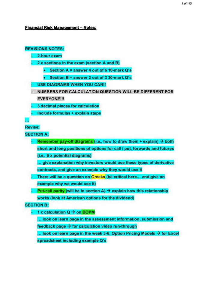 Notes for Financial Risk Management (BSC017) at Loughborough University ...