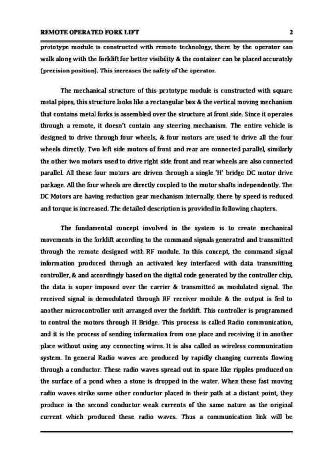 Remote Operated Fork Lift project report | StudyLast