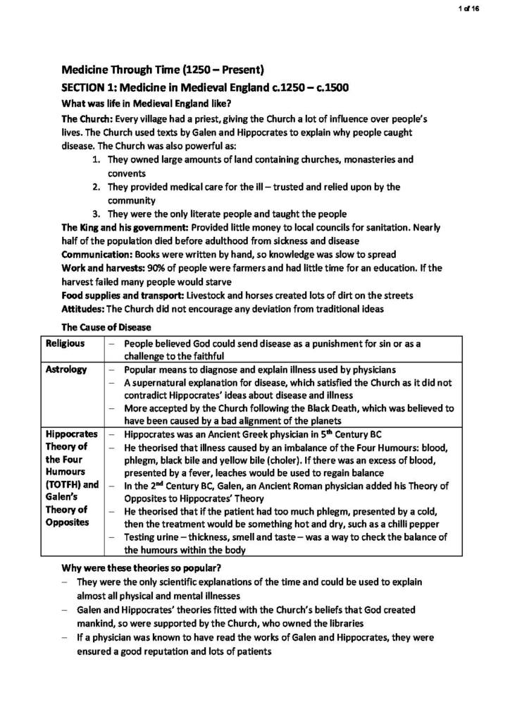 Edexcel GCSE (9-1) History: Medicine Through Time revision notes ...