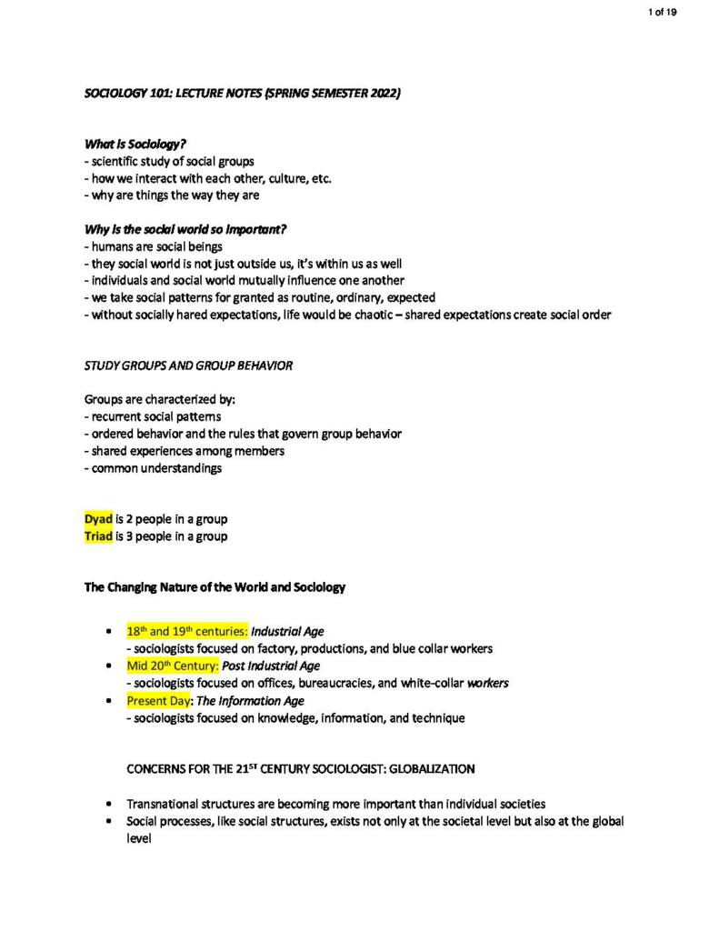 Notes for Principles of Sociology (SOC 101) at College of Southern ...