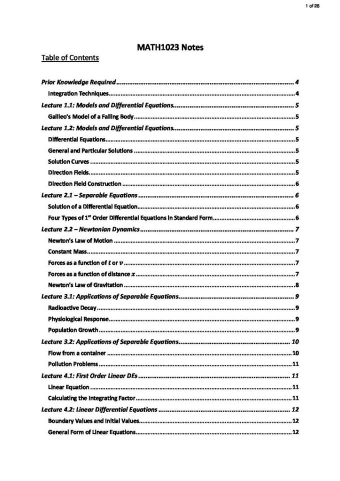 Notes for Multivariable Calculus and Modelling (MATH1023) at University ...