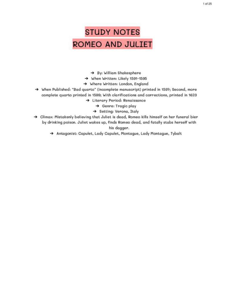 Romeo and Juliet study notes | StudyLast