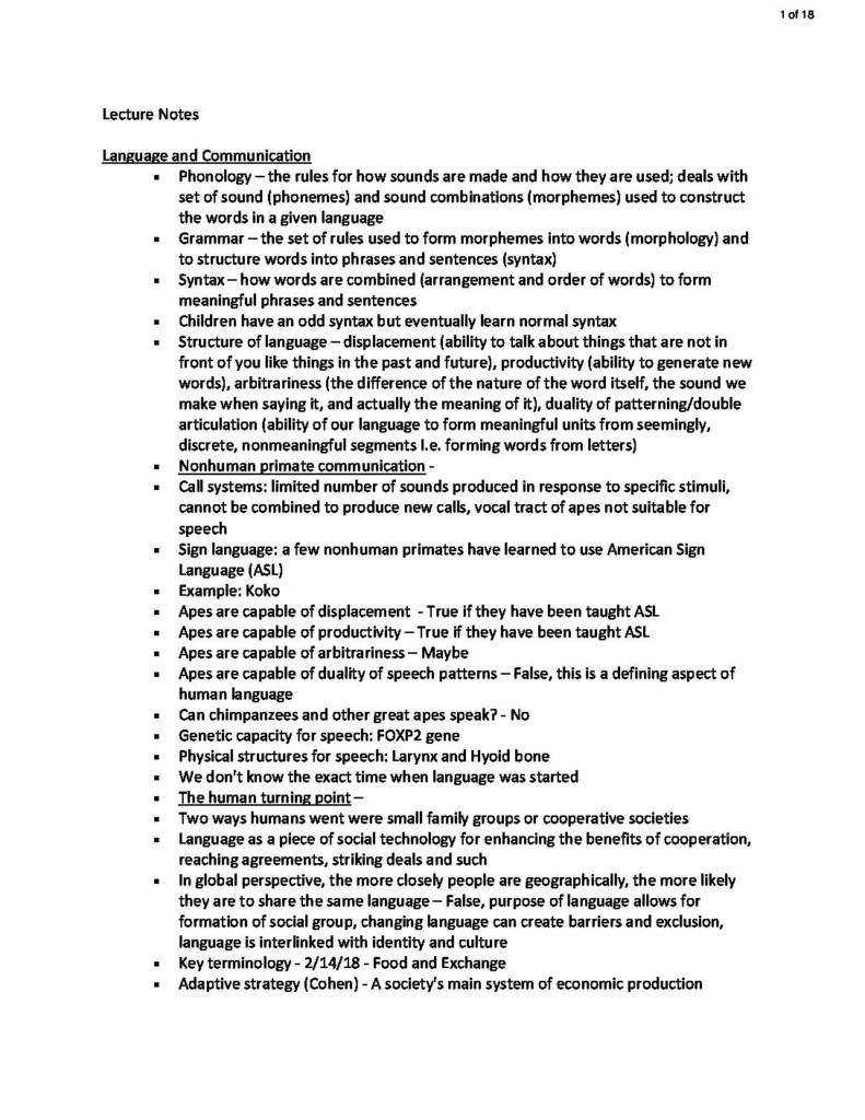 Notes For Introductory Cultural Anthropology Anth 2301 At Southern