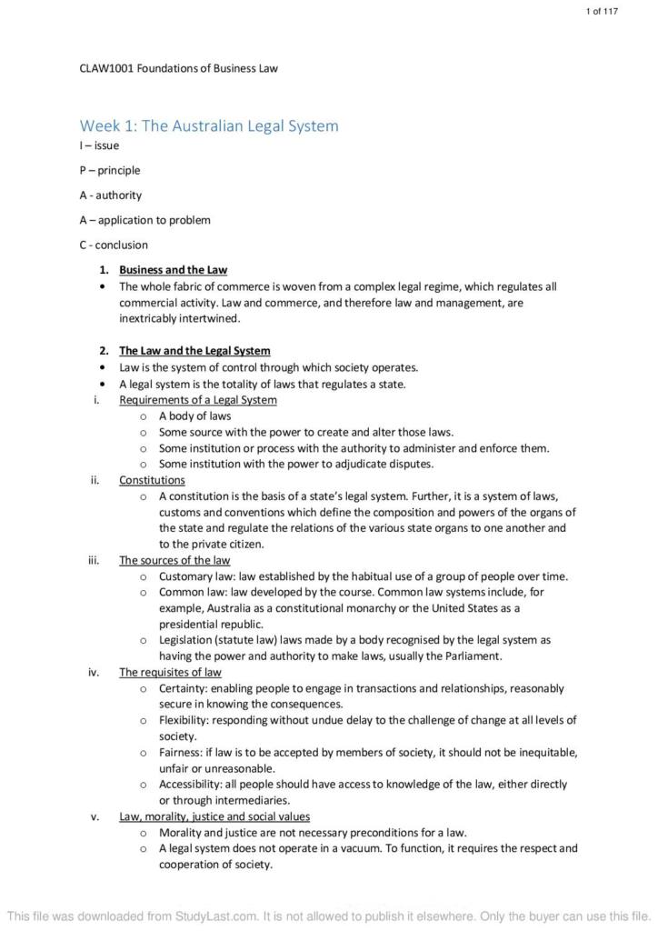 Notes for Foundations of Business Law (CLAW1001) at University of ...